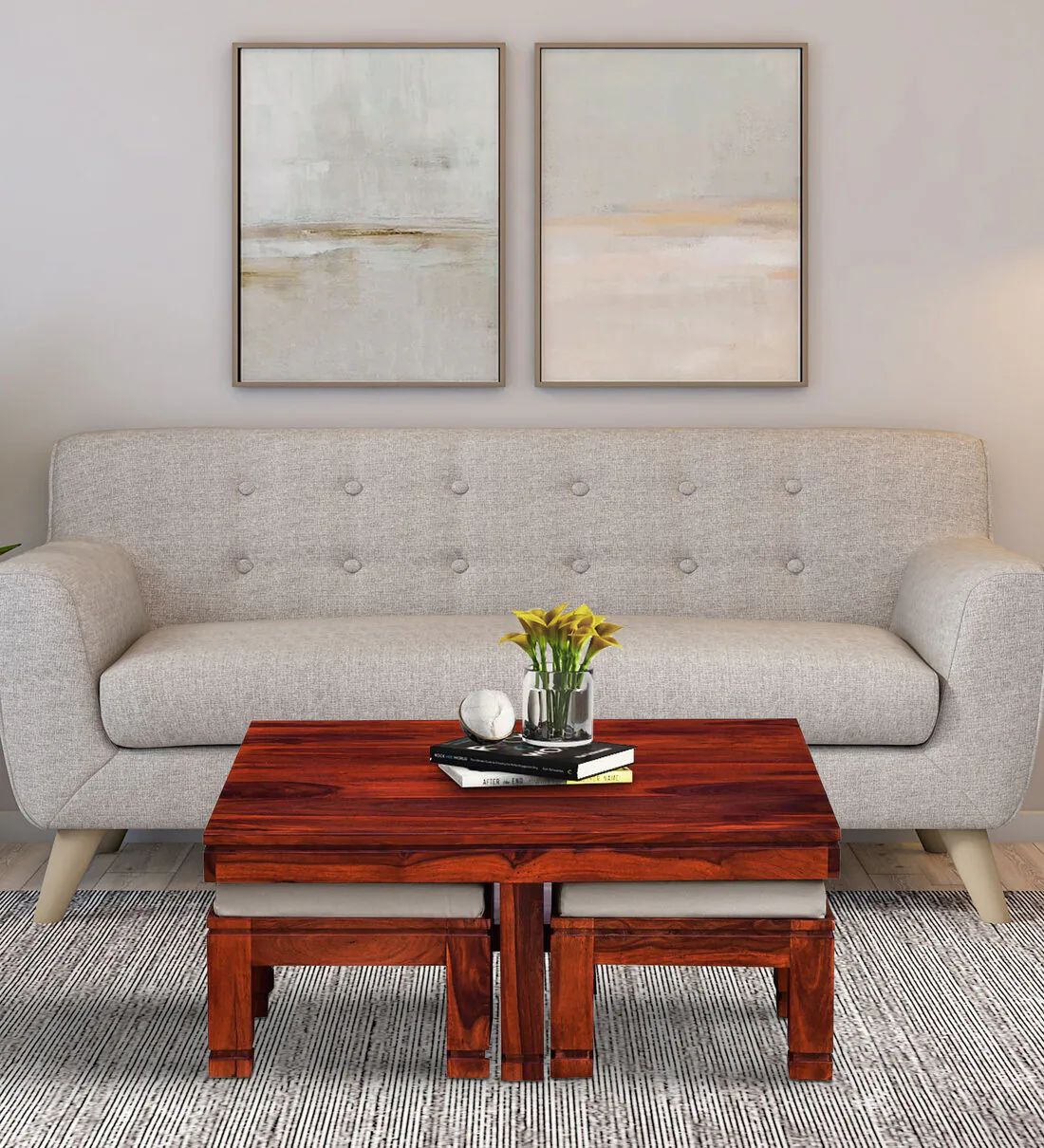 Vegur Sheesham Wood Nesting Coffee With Cushioned Stools By Sarve ...